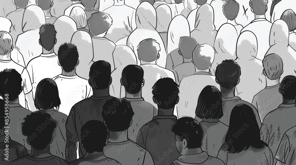 A black and white drawing of a crowd of people facing away from the ...