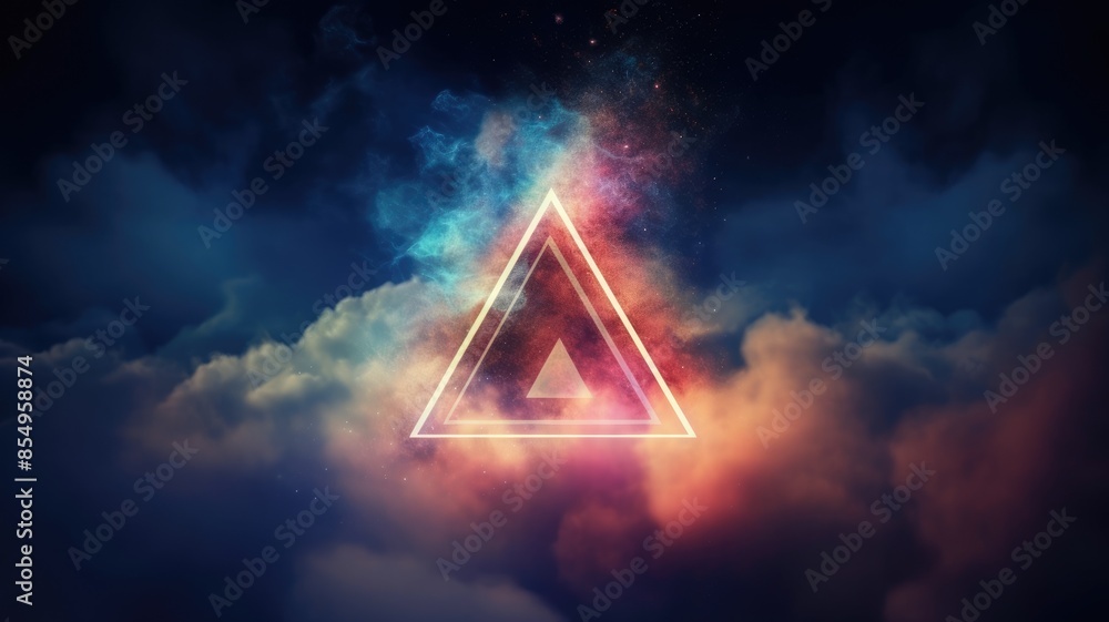 Triangle portal with clouds and cosmic backdrop. Surreal digital art ...