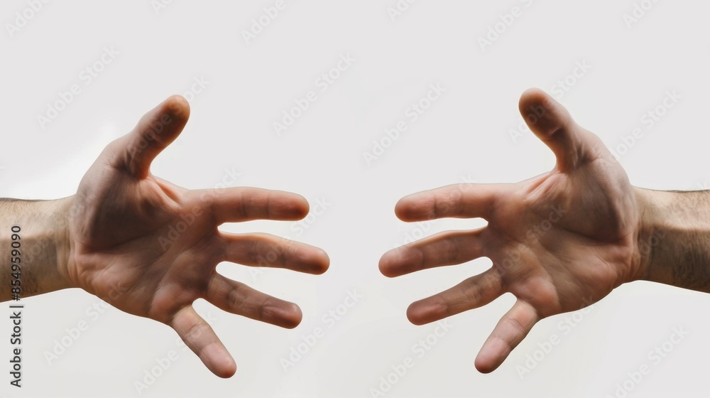 Against a clean white background, two hands stretch forward with ...
