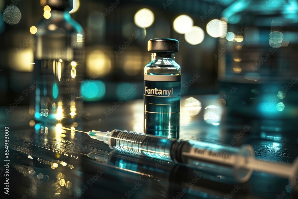 Fentanyl drug and syringe. Fentanil is opioid used as a pain medication ...