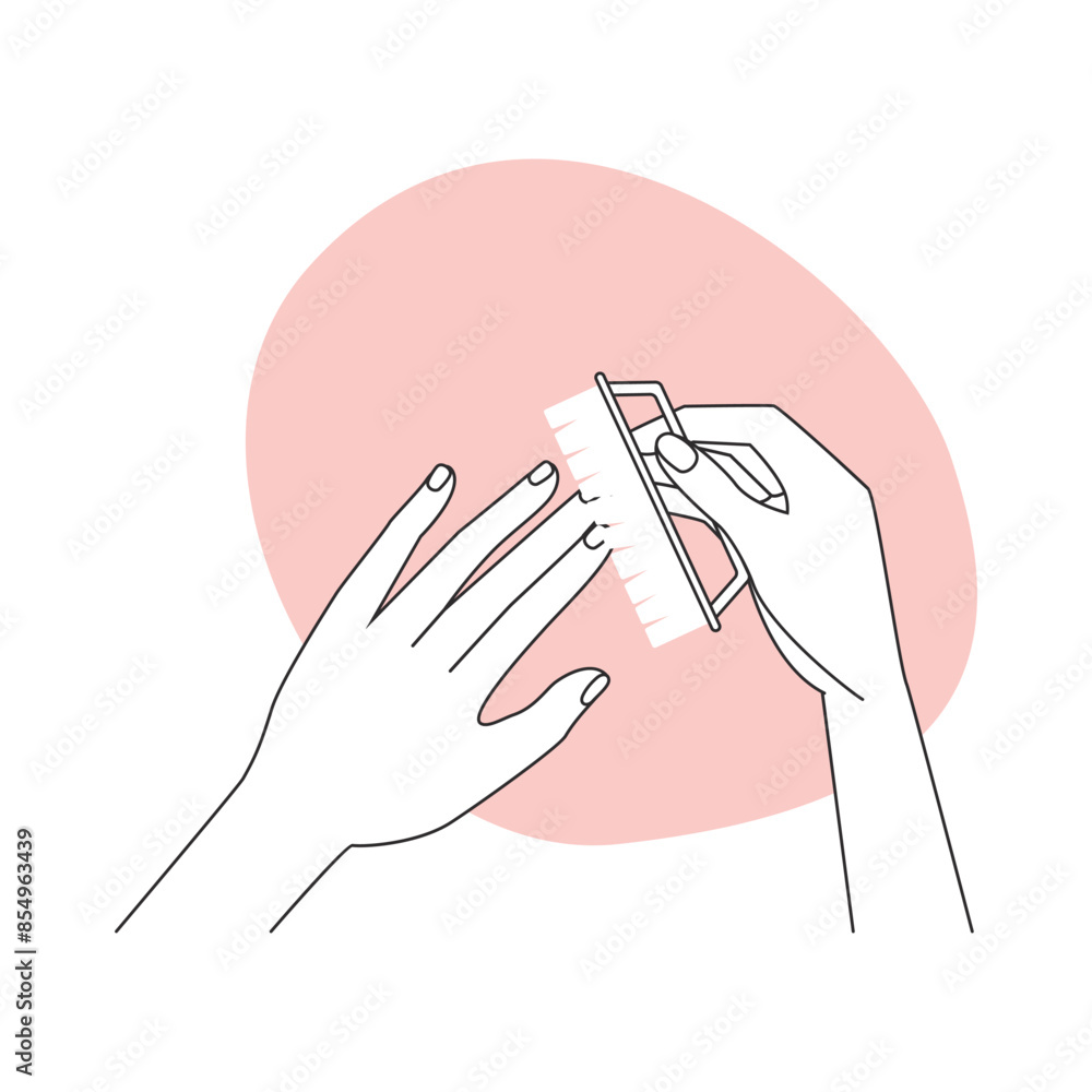 Girls hands cleaning nails and skin of fingers with brush, manicure ...