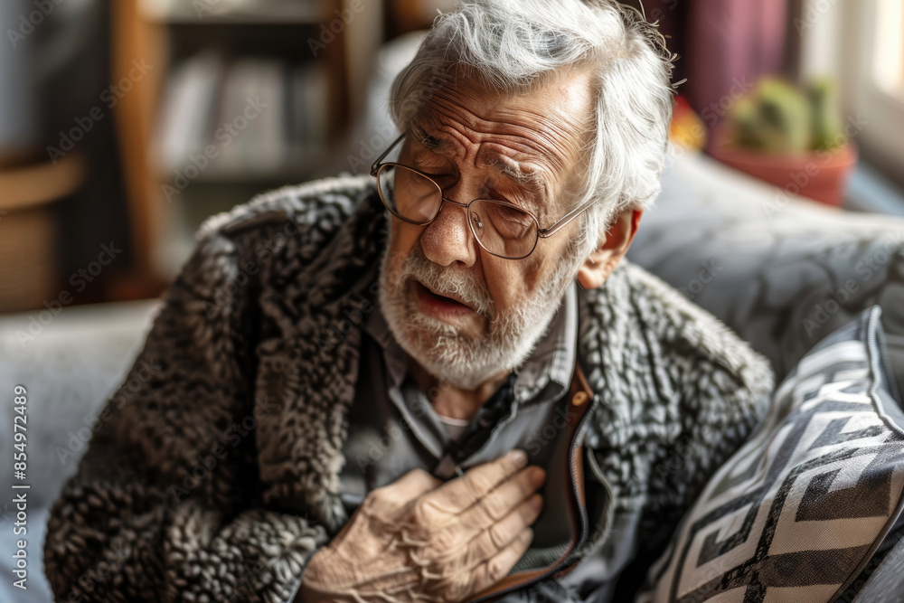 Heart Attack Symptoms. Elderly Man Experiences Chest Pressure and ...