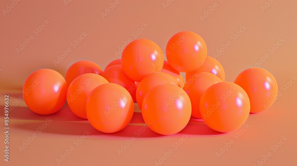 A cluster of bright orange plastic balls is scattered on a smooth ...