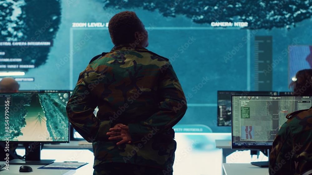 Woman army officer coordinating special operations mission in command ...