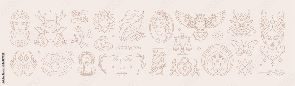 Vetor de Big set of woman and magic symbols in line art style. Beauty ...