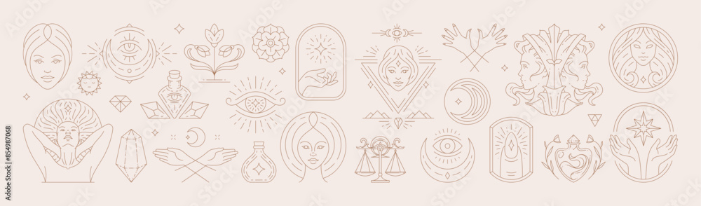 Big set of woman and magic symbols in line art style. Beauty fashion ...