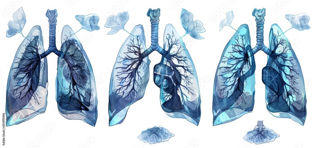 Illustration depicting various states of human lungs with detailed ...