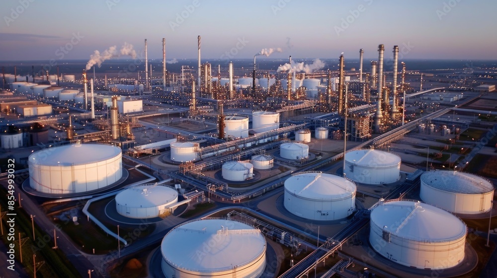Expansive oil refinery facility with towering distillation columns ...