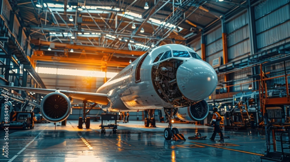 Interior view of an aerospace manufacturing facility with workers ...