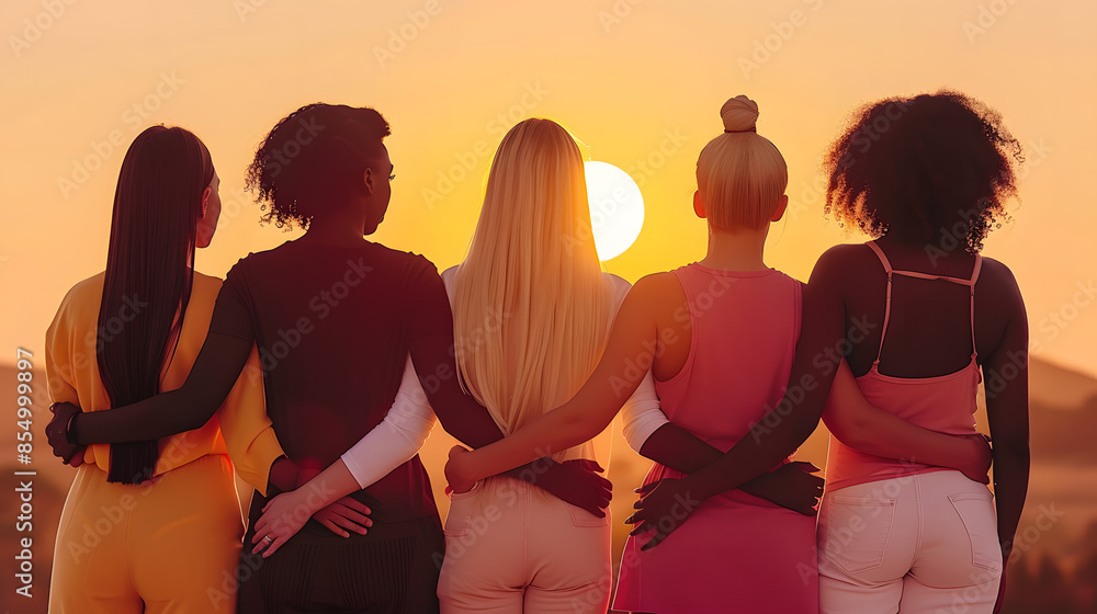 Strong Five women of different ethnicities and cultures stand side by ...