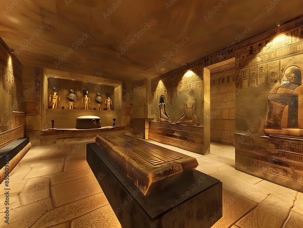 Ancient Egyptian tomb interior with hieroglyphics and sarcophagus, showcasing detailed wall ...