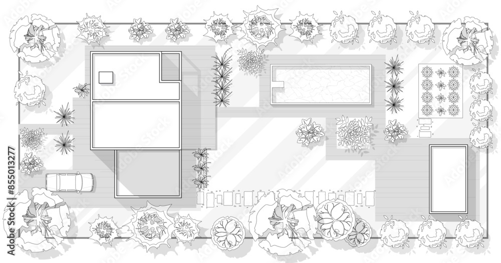 Landscape design plan with house, courtyard, lawn and garage top view ...