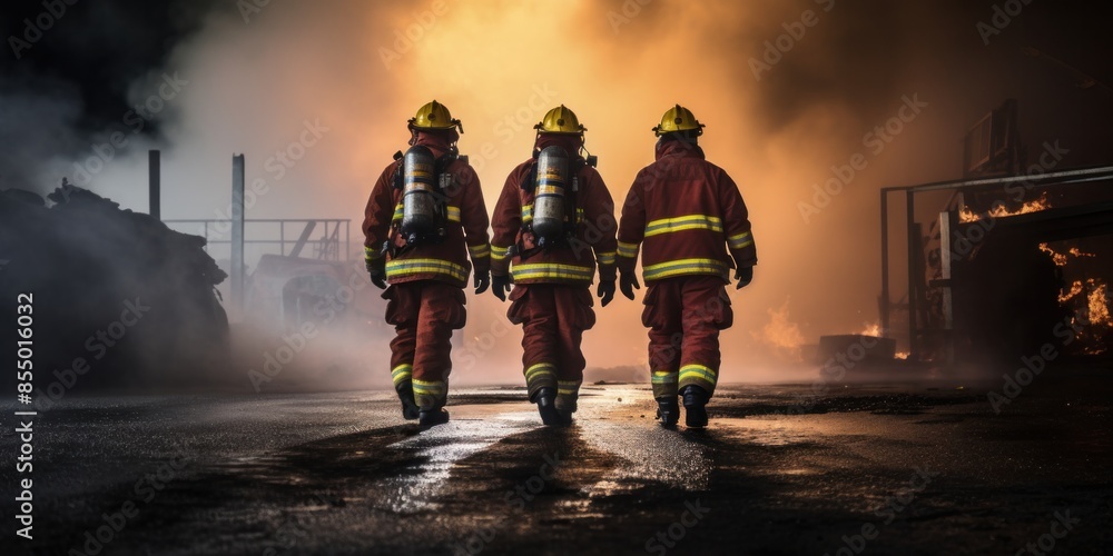 Firefighter walks to view fire extinguishing camera behind fire in ...
