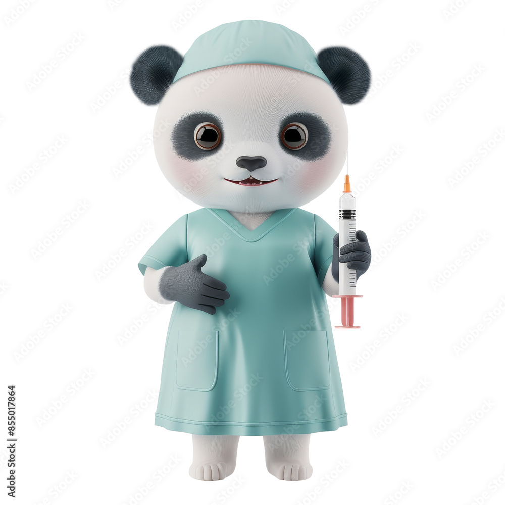 Cartoon panda nurse in teal uniform holding syringe and clipboard on ...