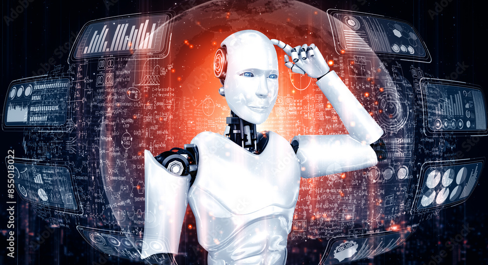 MLP 3d illustration Thinking AI humanoid robot analyzing screen of ...