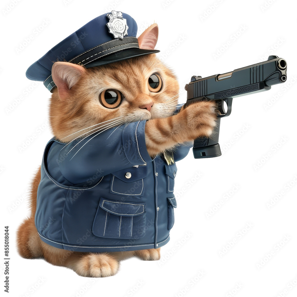 Cartoon cat police officer in blue uniform holding gun on transparent ...