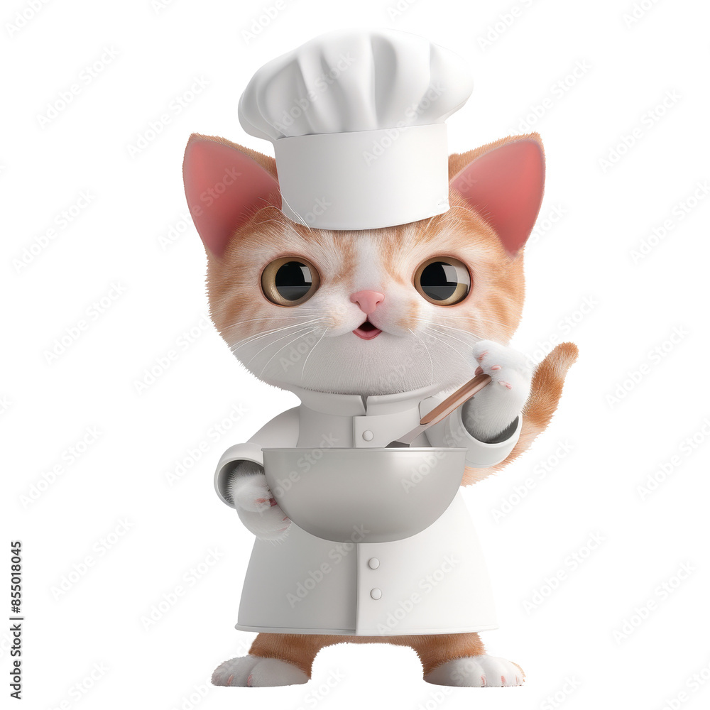 Cartoon cat chef in white uniform holding mixing bowl and whisk on ...