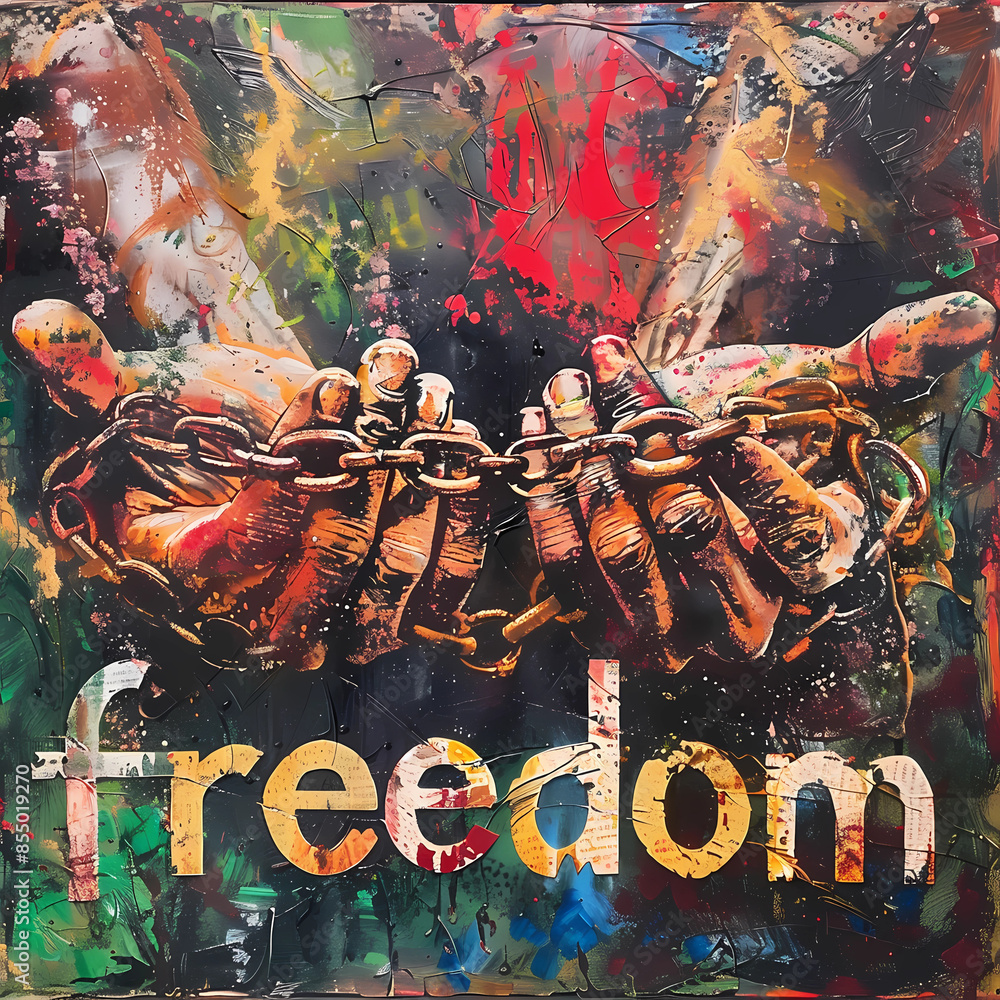 broken chains around hands, "freedom" in text, Emancipation, colors ...