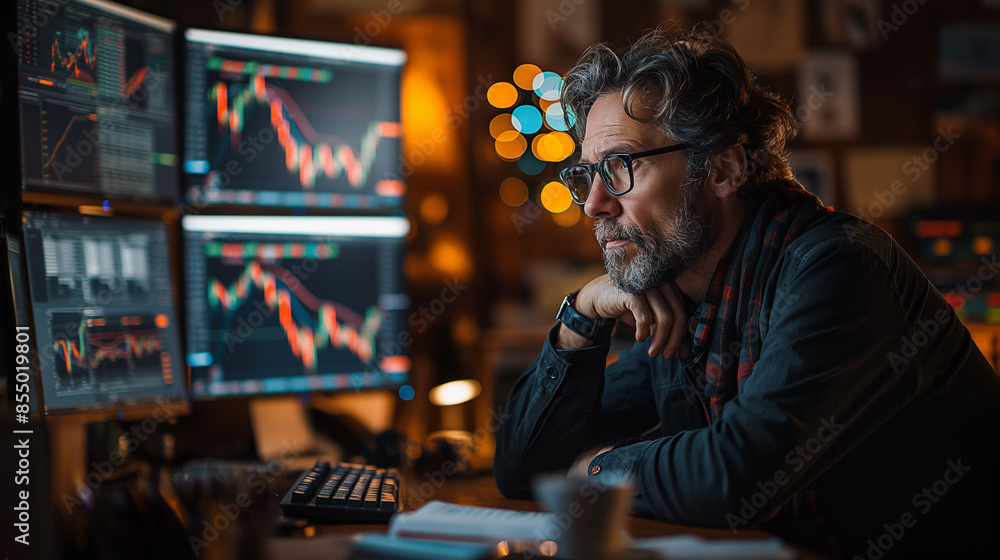 A solitary trader sits at his desk, the glow of multiple monitors ...