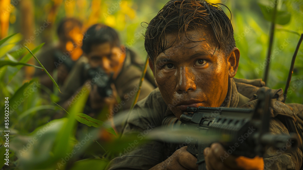 In the dense jungles of Southeast Asia, guerrilla fighters ambush enemy ...