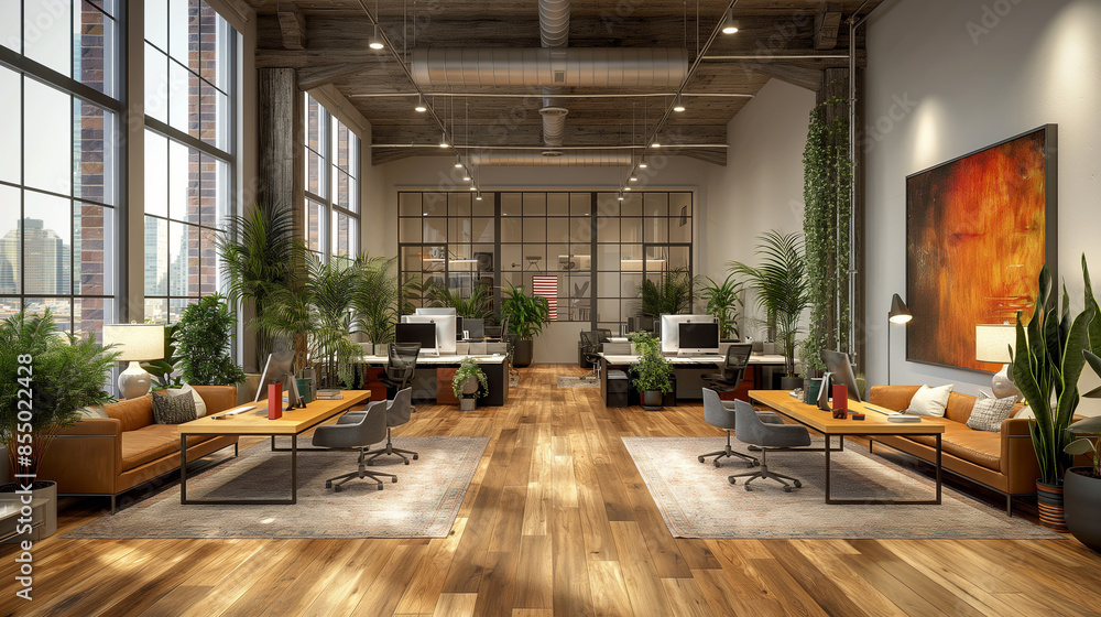 A wellness-focused office features standing desks and yoga mats, with ...