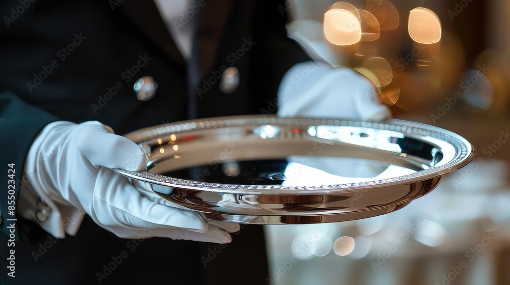Waiter tray butler hand serve hold plate isolated white man silver ...