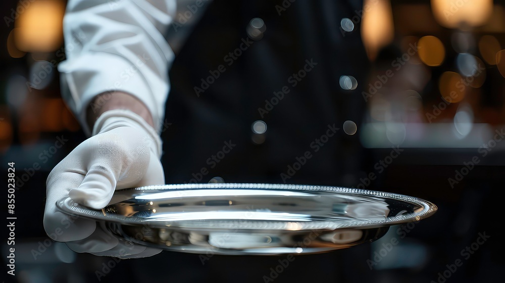 Waiter tray butler hand serve hold plate isolated white man silver ...