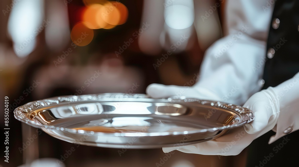 Waiter tray butler hand serve hold plate isolated white man silver ...