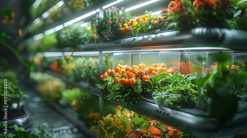 Vertical Farming: Depict a modern vertical farm with plants growing in ...