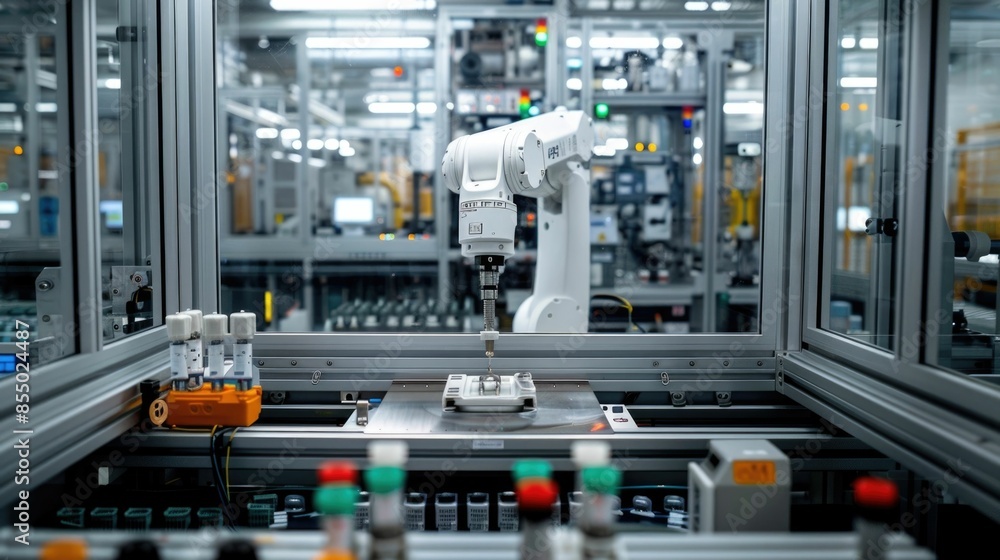 Highly advanced factory automation system featuring programmable logic controllers and robotic ...