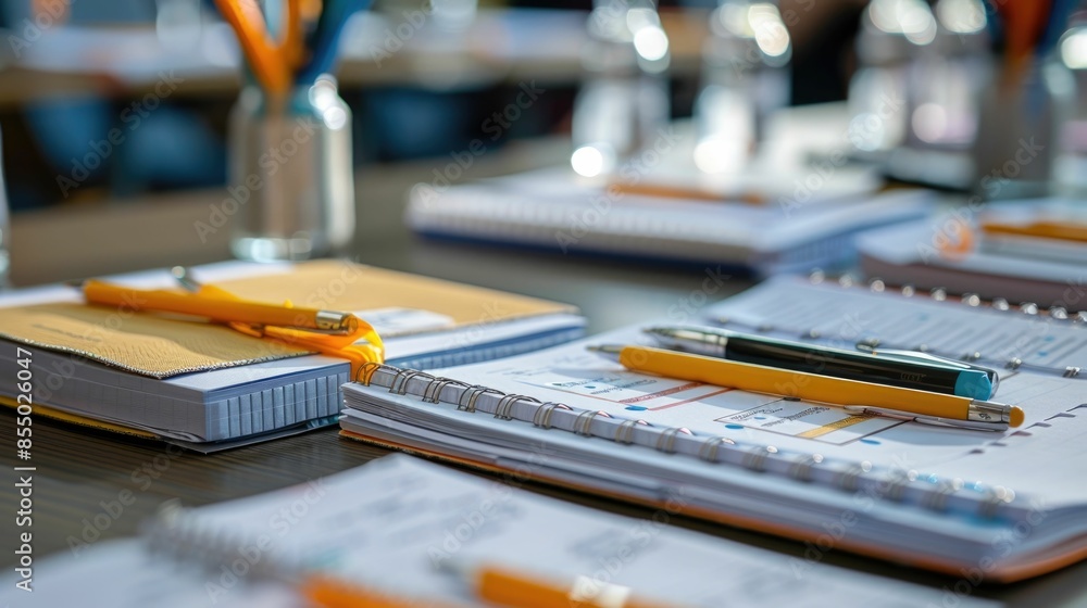 Neatly arranged seminar materials including notebooks pens and handouts ...