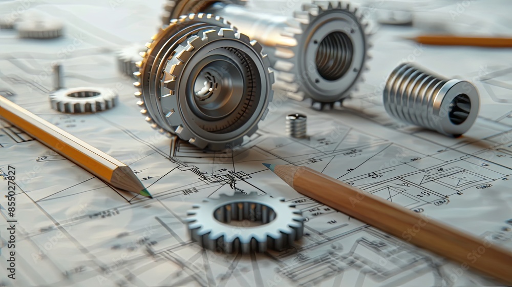 3D render ,drawing tools and gears on a background of engineering ...