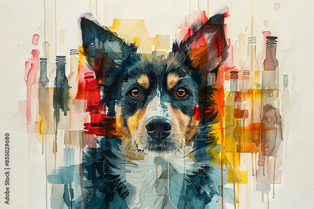 A minimalist watercolor painting featuring a short-haired dog in soft ...