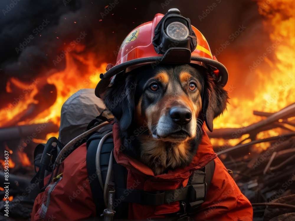 Firefighter Dog Assisting in Search and Rescue. Fire dog, a hero's nose ...