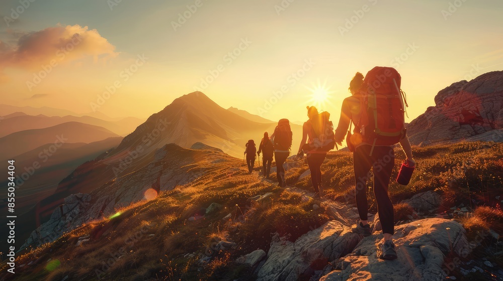 Mountain travel hike people adventure man summer journey tourism group ...