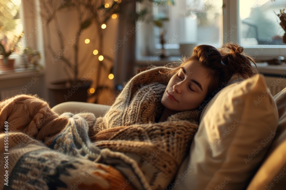 Relaxed young woman reclining on a chaise lounge in her cozy living ...