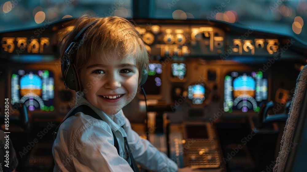 adorable child pilot beams with joy in cockpit dreaming of future ...