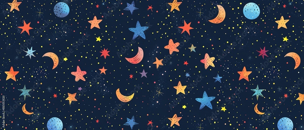 Seamless theme depicting a half moon and stars over a deep blue setting ...