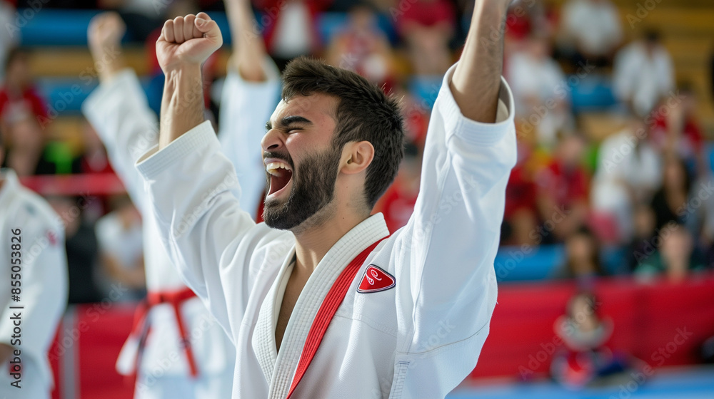 Karate athletes raise their hands after winning the match, wearing ...
