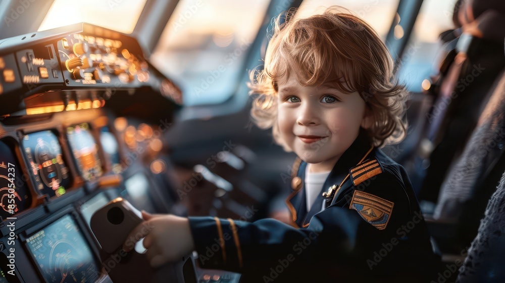 adorable kid dreaming of future job as airplane pilot posing happily in ...
