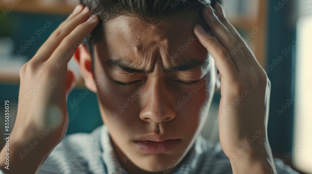 Stunning close-up of a young man cradling his head in agony as he ...