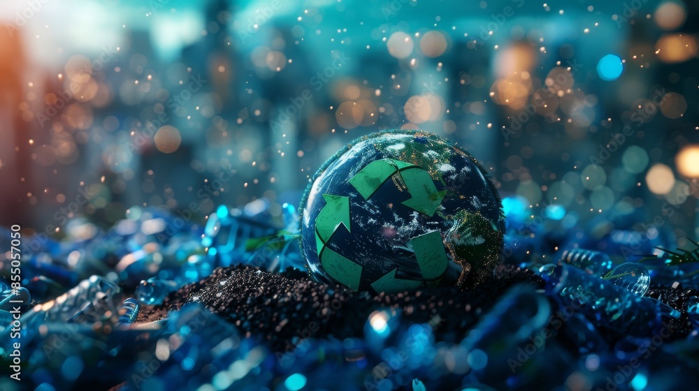 An Earth-shaped 3D model with a recycle symbol representing global ...