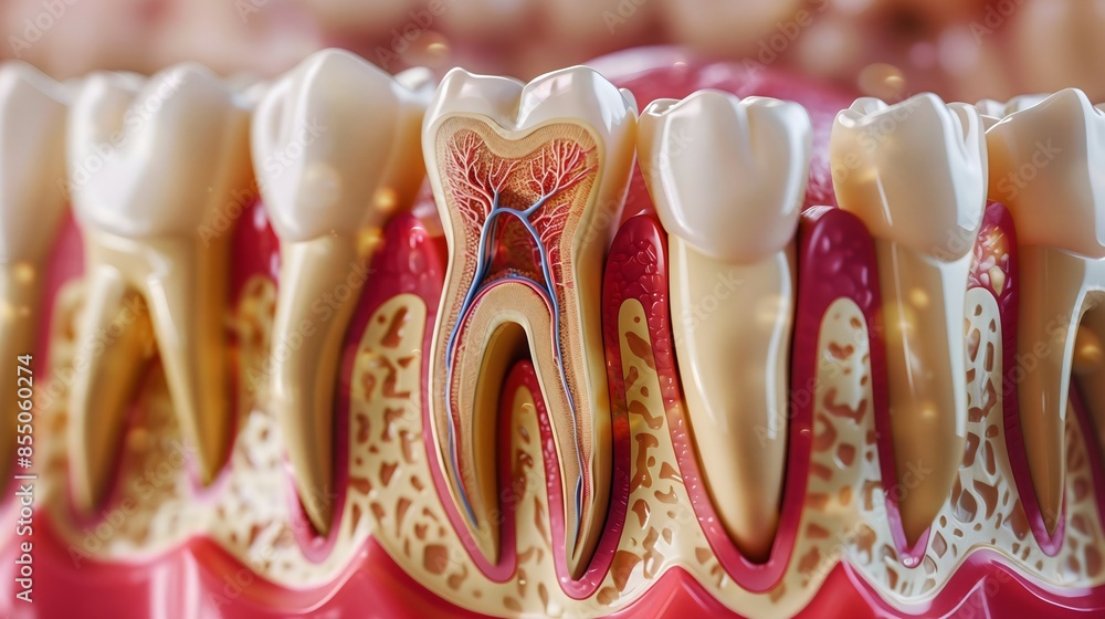3d illustration tooth structure cross section with caries, roots inside ...