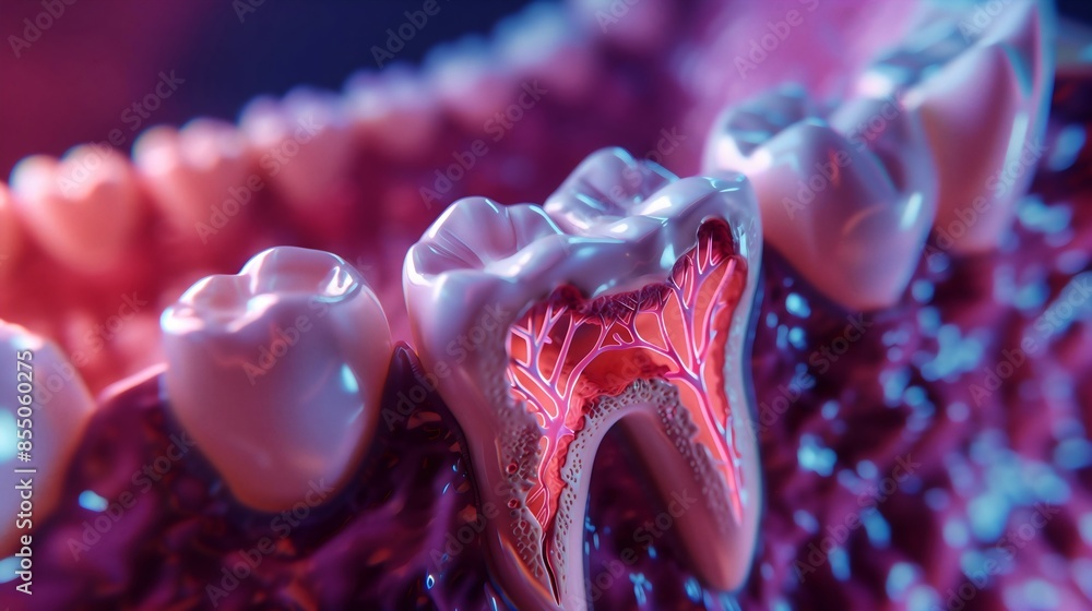 3d illustration tooth structure cross section with caries, roots inside ...