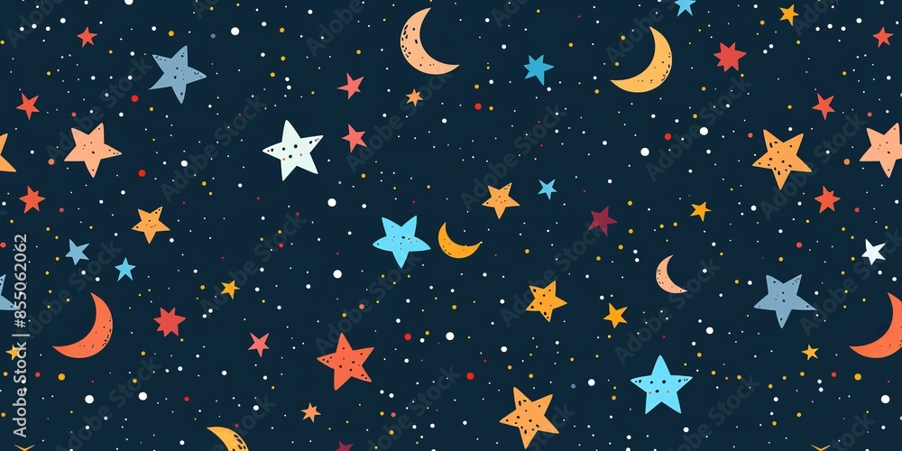 Seamless theme depicting a half moon and stars over a deep blue setting ...