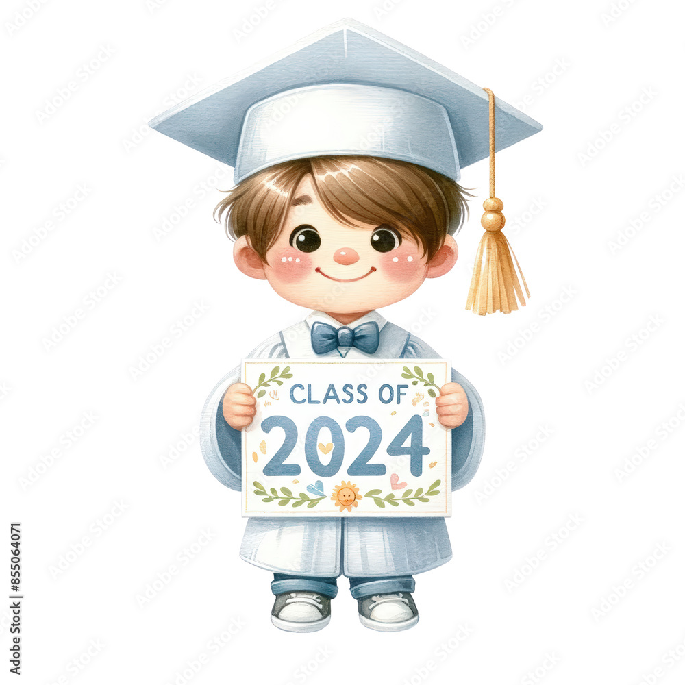 Cute illustration of a young boy in graduation gown holding a 'Class of ...