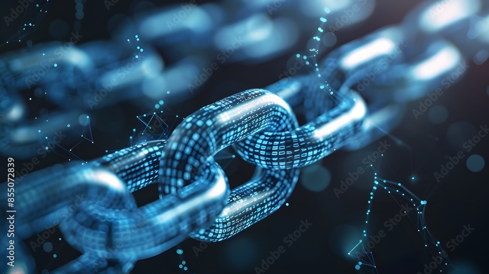A chain of links is shown in a blue and orange color scheme. The chain ...
