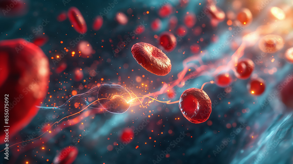 Red blood cells flowing through a vessel, glowing with energy ...