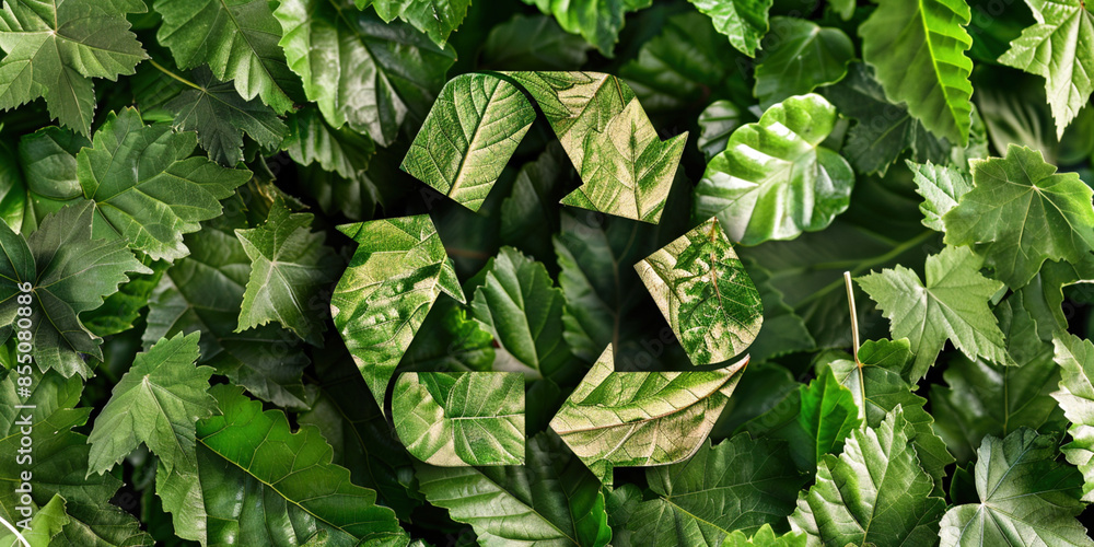 Recycling and ecology symbol made from green leaves on orange green ...