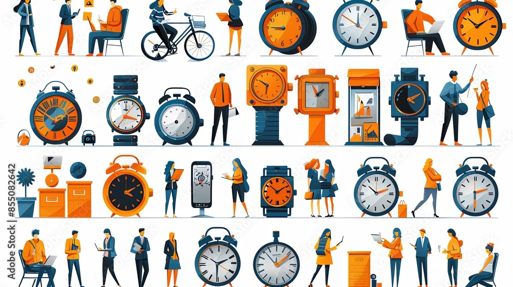 Set of time management scenes isolated on white background. Vector ...